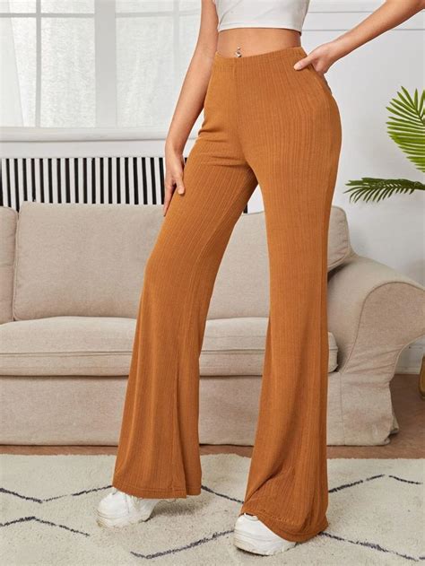 Shein High Waist Rib Knit Pants Knit Pants Mustard Pants Aesthetic