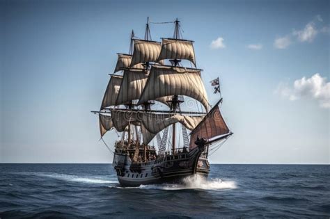 Pirate Ship Sailing On The High Seas With The Wind In Its Sails Stock