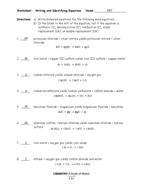 6 31a Writing And Identifying Equations Wkst Key Pdf Chloride Worksheets Library