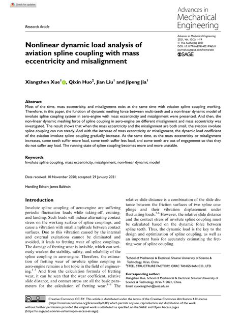 Pdf Nonlinear Dynamic Load Analysis Of Aviation Spline Coupling With Mass Eccentricity And