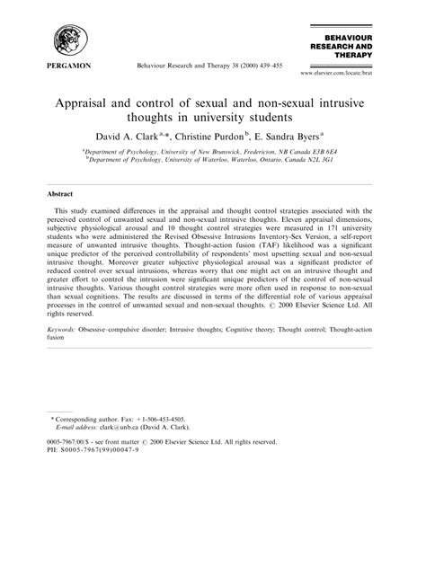 Pdf Appraisal And Control Of Sexual And Non Sexual Intrusive Thoughts