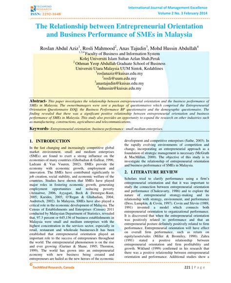 Pdf The Relationship Between Entrepreneurial Orientation And Business Performance Of Smes In