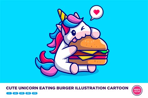 Cute Unicorn Eating Burger Illustration Graphic By Catalyststuff