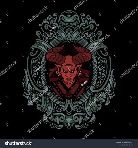 Illustration Badass Demon Engraving Ornament Scary Stock Vector