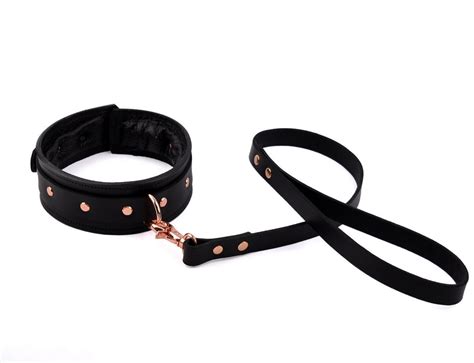 Premium Padded Black Leather Bondage Collar And Leash With Rose Gold