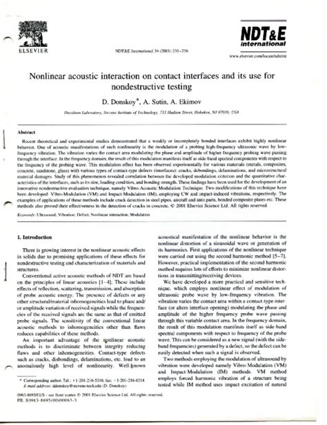 Pdf Nonlinear Acoustic Interaction On Contact Interfaces And Its Use For Nondestructive Testing