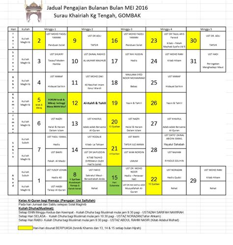 Jadual Pengajian Bulan Mei 2016 « Surau Khairiah Kg Tengah Gombak