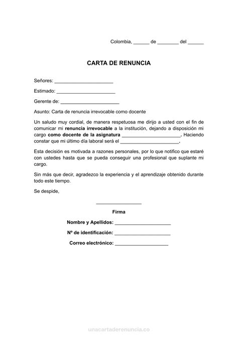 Carta De Renuncia Irrevocable Como Docente Ejemplos ️