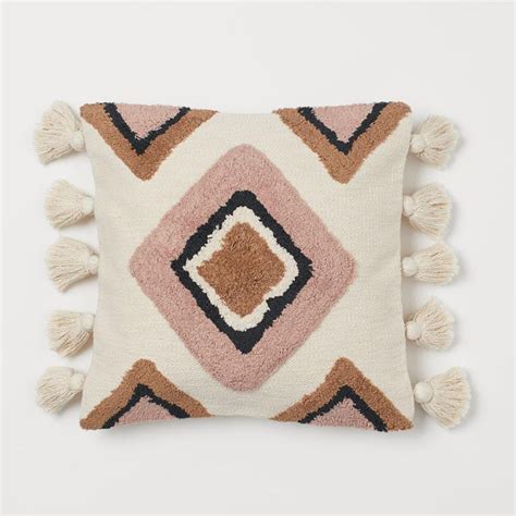 Ochre And Pink Multi Color Tufted Textured Cotton Tassel Cushion Cover