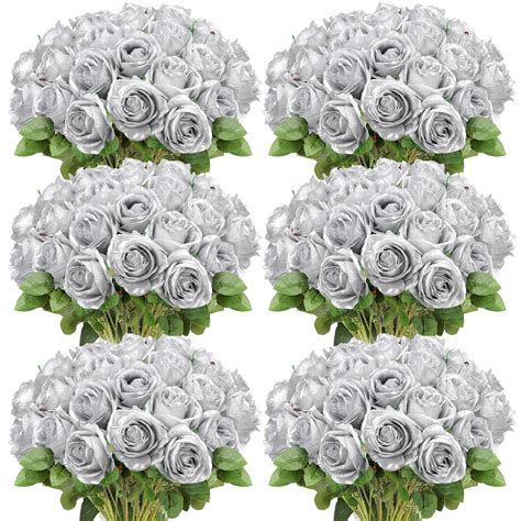 50 Pcs Artificial Rose Flower Realistic Silk Roses With Stem Bouquet Of