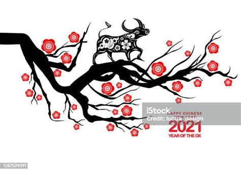 2021 년 해피 중국 새해 황소 조디악 사인 인사말 카드 전단지 포스터색상 배경에 벚꽃 공예 스타일 대만에 대한 스톡 벡터