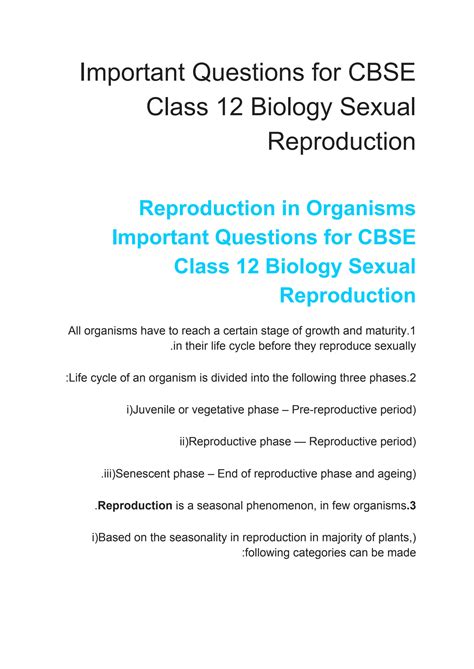 SOLUTION Important Questions For Cbse Class 12 Biology Sexual Reproduction Studypool