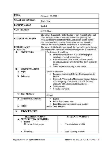 Lesson Plan Speech Presentation Pdf Pronoun Learning