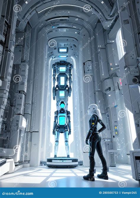 A White Android In The Interior Of A Spaceship Generative By Ai Stock