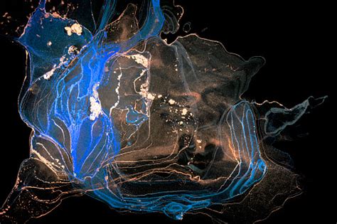 알코올 잉크 기술의 고급 추상 유체 예술 그림 검은 종이에 흰색 파란색과 금 페인트의 혼합물 대리석 돌 컷의 모방 빛나는 황금