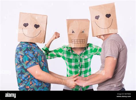 Love Triangle Jealousy And Homosexuality Concept Gays With Bags Over