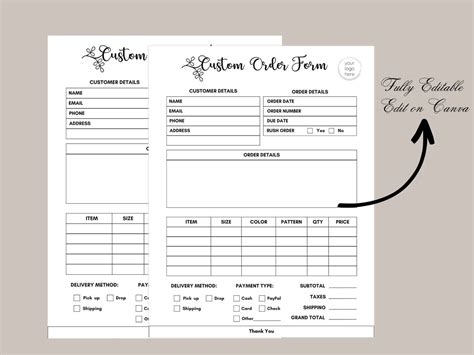 Custom Order Form Template Editable Order Form Craft Order Form