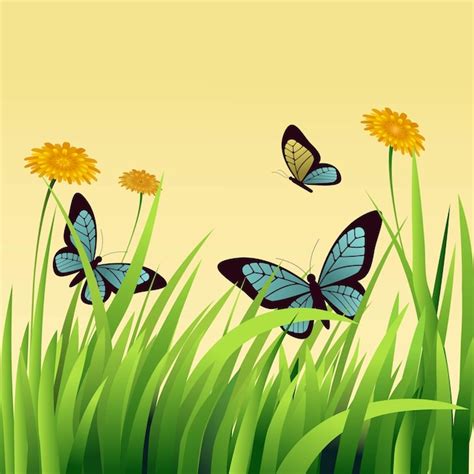 Beaux Papillons Volant Avec Des Fleurs De Marguerites Sur Fond D Herbe