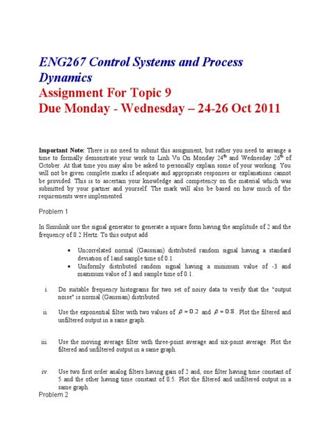 Eng267 Control Systems And Process Dynamics Assignment For Topic 9 Due