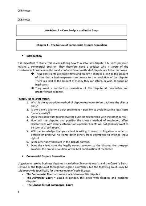 Cdr Notes Ws 1 First Workshop Cdr Cdr Notes Workshop 1 Case