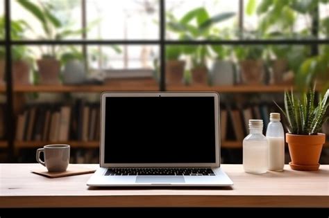 Premium Photo Workspace With Laptop Computer Empty Screen And Office Supply On Wooden Table Ai