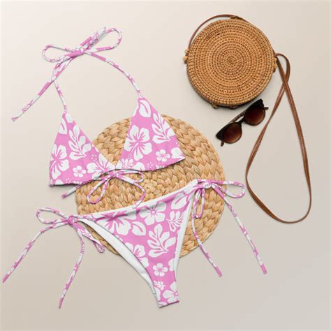 White Hawaiian Flowers On Pink String Bikini Extremely Stoked