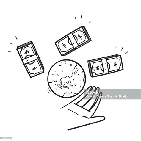 손으로 그린 낙서 지구 지구본과 고립 된 글로벌 금융 일러스트 레이 션 벡터에 대한 돈 기호 개념에 대한 스톡 벡터 아트 및 기타 이미지 Istock