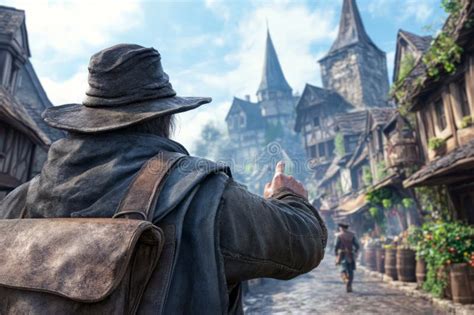 Mysterious Traveler In A Fantasy Village With Medieval Architecture And