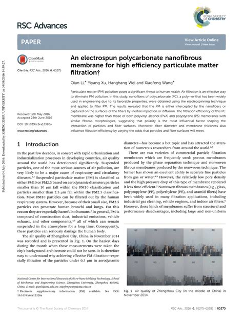 Pdf Electrospun Polycarbonate Nanofibrous Membrane For High Efficiency Particulate Matter