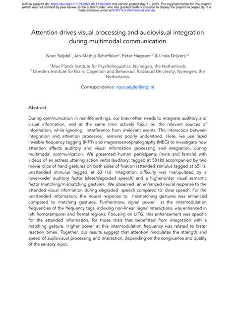 Pdf Attention Drives Visual Processing And Audiovisual Integration During Multimodal Communication