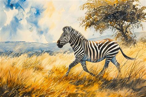 Portrait Of A Zebra Running Through The Fields Watercolor Premium Ai