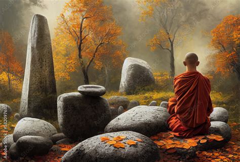 A Meditating Monk In The Autumn Forest Realistic Digital Illustration