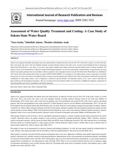 Pdf Assessment Of Water Quality Treatment And Costing A Case Study