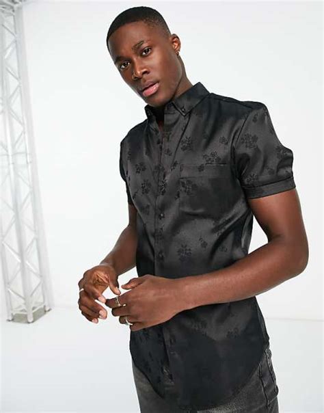 Asos Design Camicia Skinny Nera Con Motivo Jacquard Floreale Asos