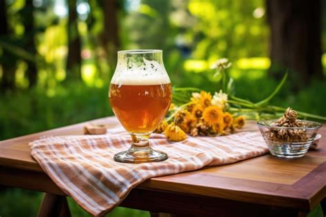 Premium Ai Image Glass Of Homebrew Beer On A Picnic Table Created