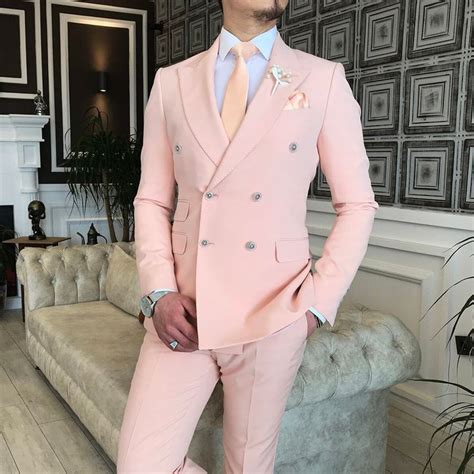 Men Suits Light Pink 2 Piece Double Breasted Slim Fit Elegant Formal