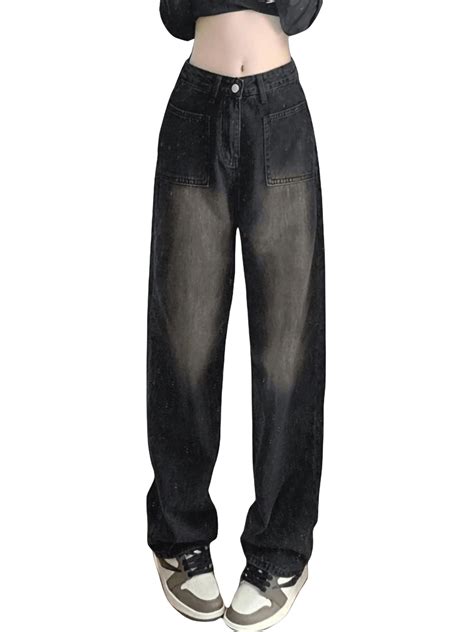 Gwiyeopda Women Jeans Low Rise Denim Jeans Loose Baggy Wide Leg Cargo