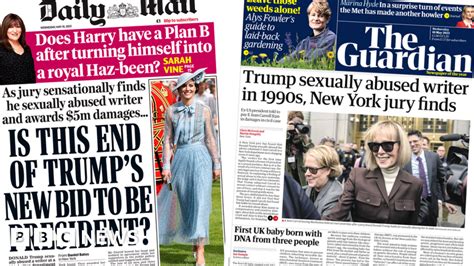 Newspaper Headlines Trump Ordered To Pay Sex Abuse Accuser 5m By Jury