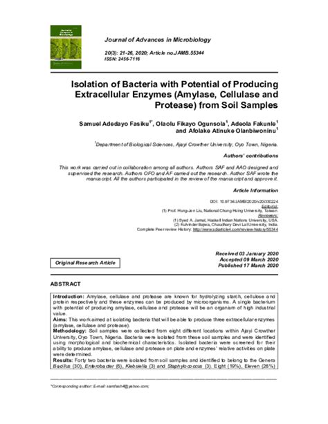 Pdf Isolation Of Bacteria With Potential Of Producing Extracellular Enzymes Amylase