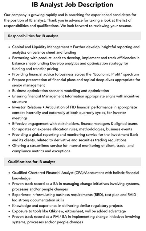 Ib Analyst Job Description Velvet Jobs