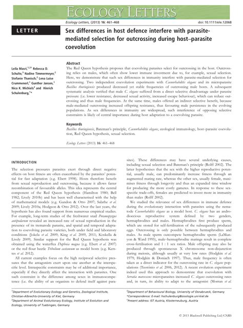 Pdf Sex Differences In Host Defence Interfere With Parasite Mediated