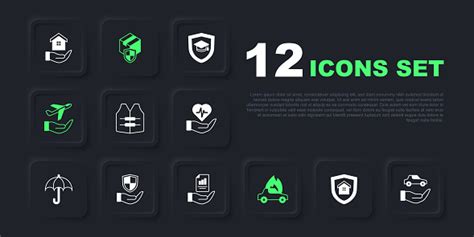 방패 자동차 보험 구명 조끼 불타는 자동차 비행기 손 방패 배달 보안 및 계약 아이콘과 함께 집을 설정합니다 벡터 개념에 대한 스톡 벡터 아트 및 기타 이미지 Istock