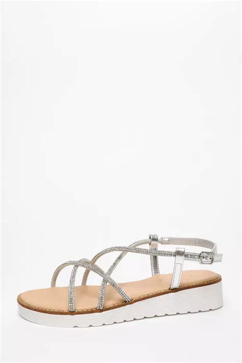 Silver Diamante Cross Strap Flatform Sandals Quiz Clothing