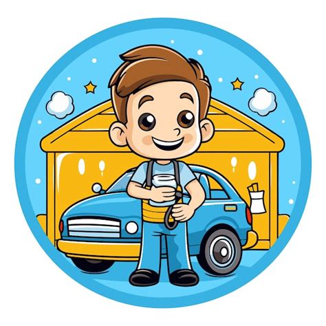 Милый маленький мальчик с машиной в стиле мультфильма Премиум Ai
