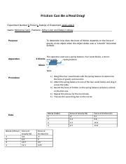 Lab Report Friction Docx Friction Can Be A Real Drag Experiment Number Period Date S Of