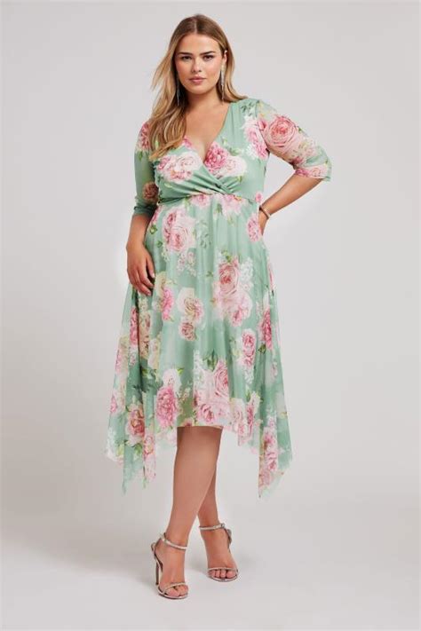 YOURS LONDON Plus Size Green Floral Print Hanky Hem Dress Yours Clothing