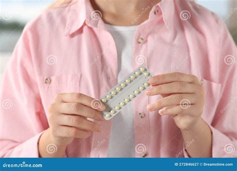 Woman Holding Blister Of Oral Contraception Pills Closeup Stock Image