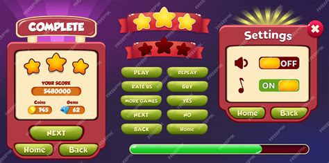 Premium Vector Level Complete And Settings Menu Pop Up Screen With Stars And Button