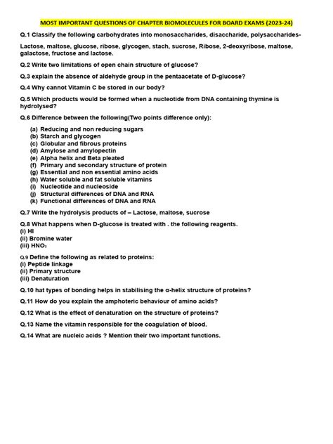 Biomolecules Important Questions Pdf