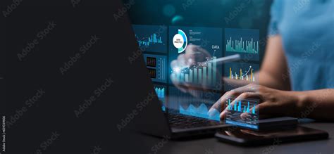 Female Analyst Uses Work On Laptop And Dashboard For Business Analysis Data And Data Management